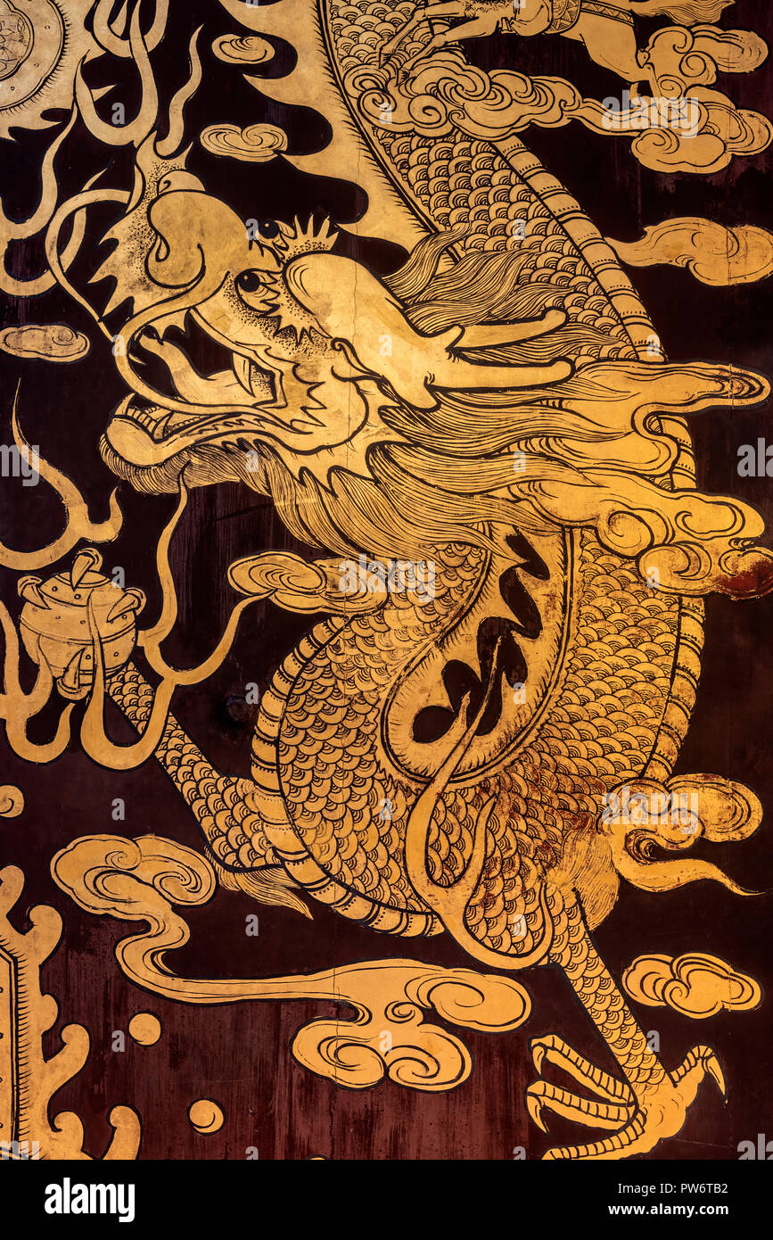 Golden dragon painted on a door, Cheng Hoon Teng temple, Malacca City ...
