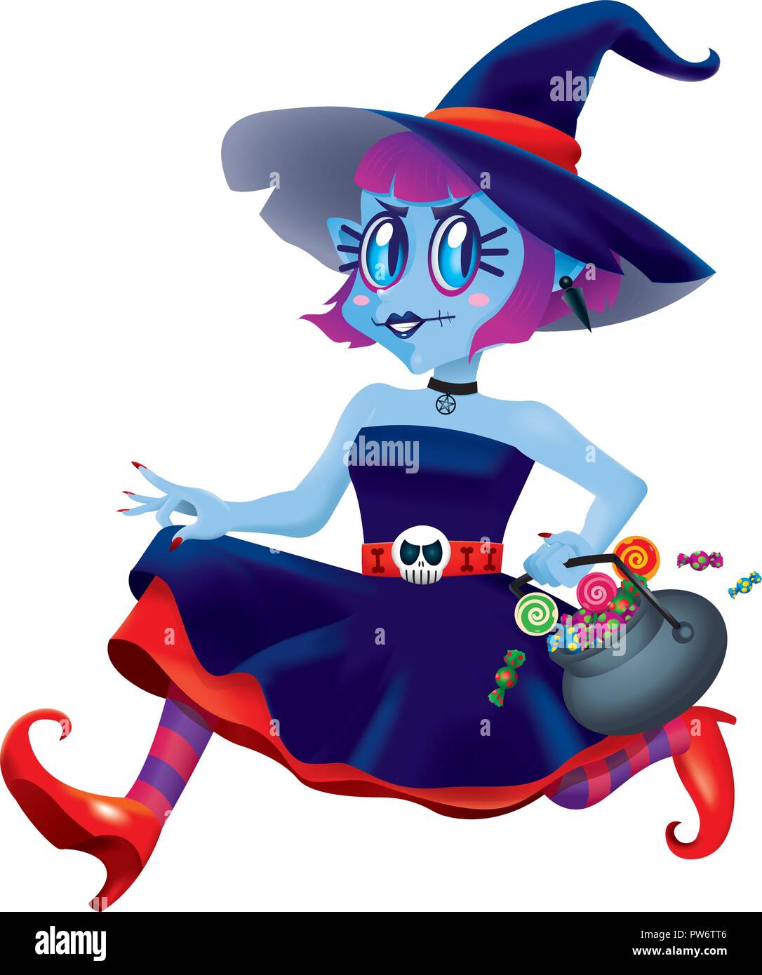 A running cute witch, holding a bowl of candies in her hand. Isolated ...
