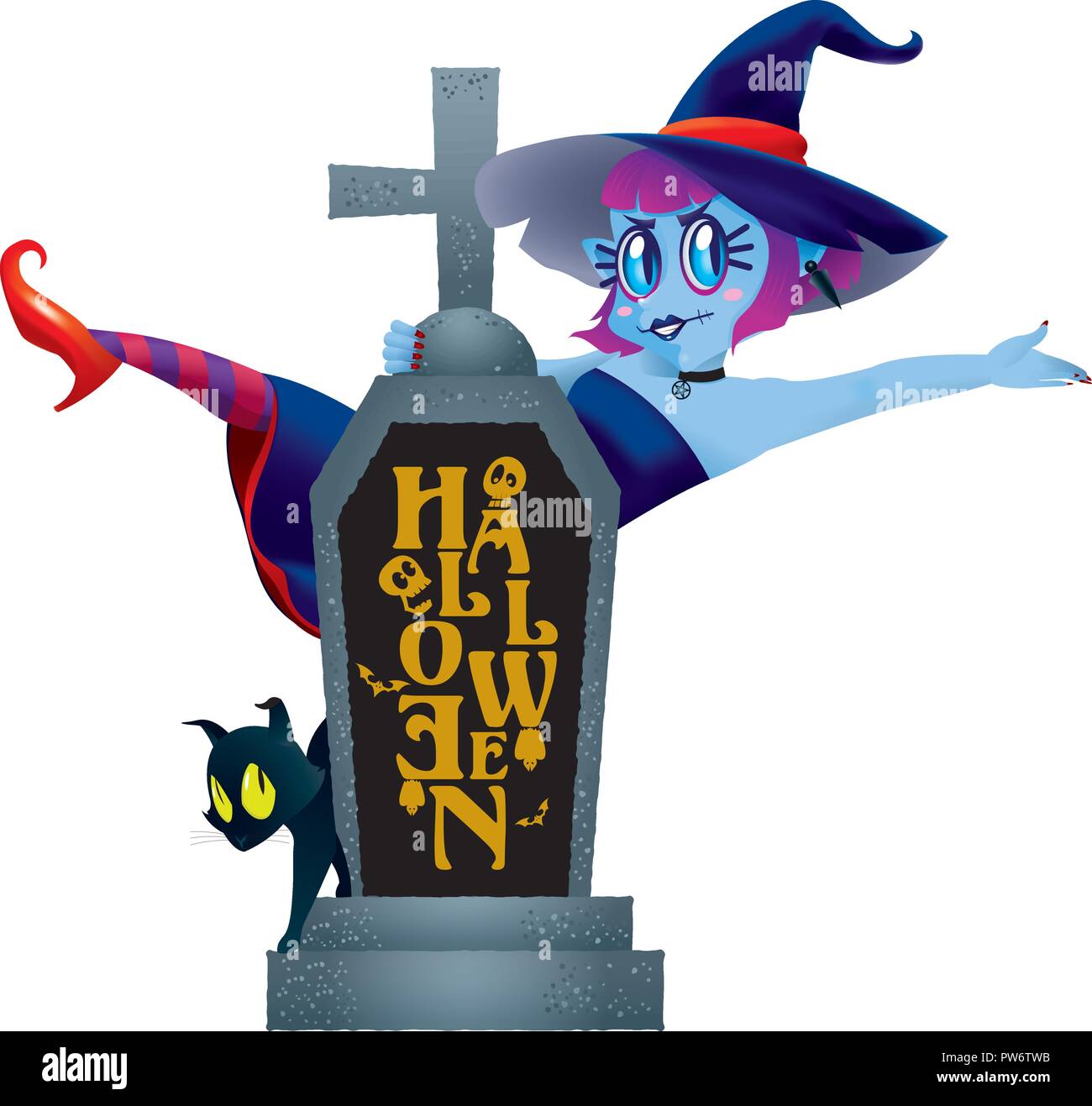 A cute witch stand behind a gravestone. Isolated Stock Vector Image ...