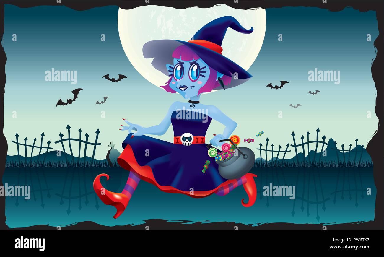 A running cute witch, holding a bowl of candies in her hand. With ...