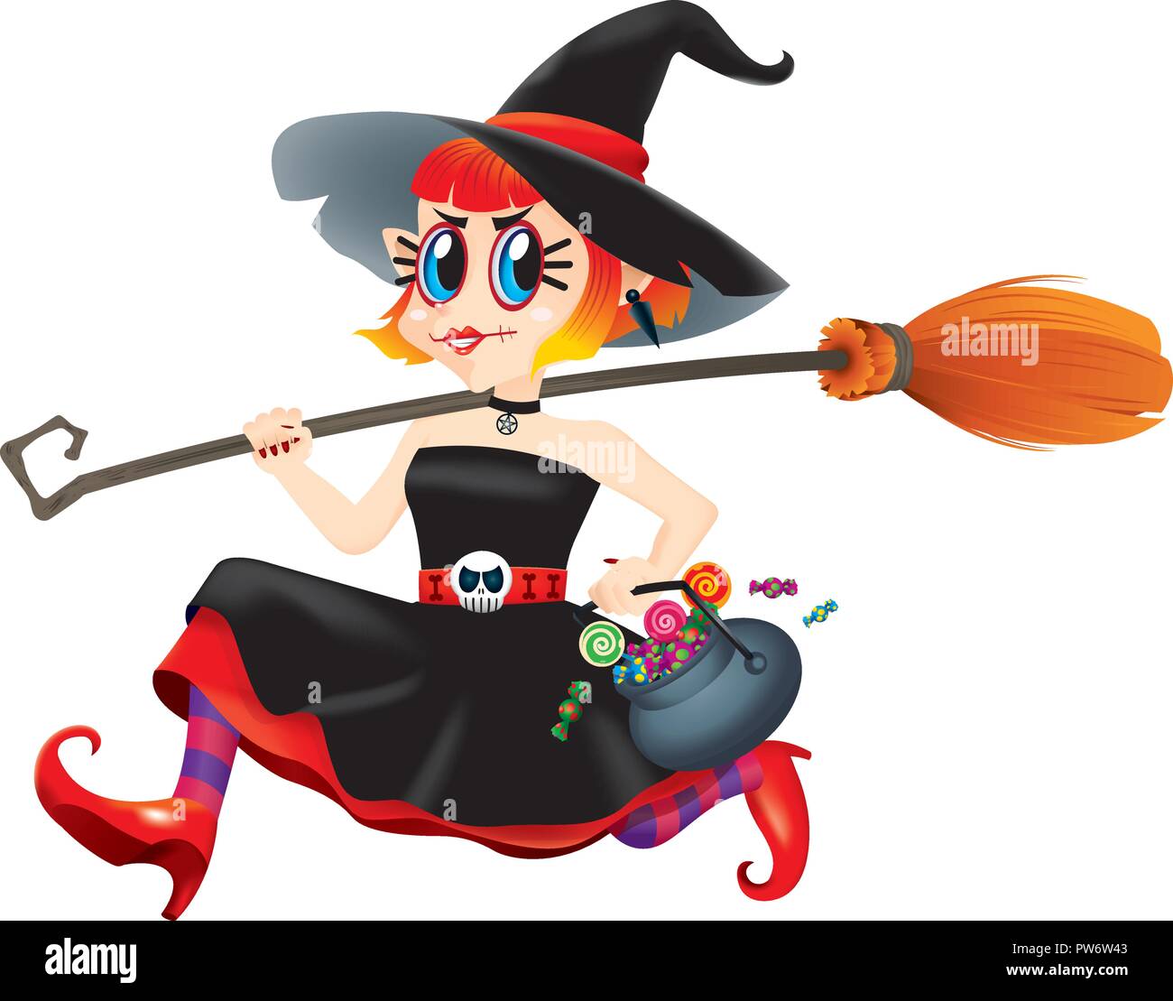 A running cute witch, holding a bowl of candies and a magic broom in ...