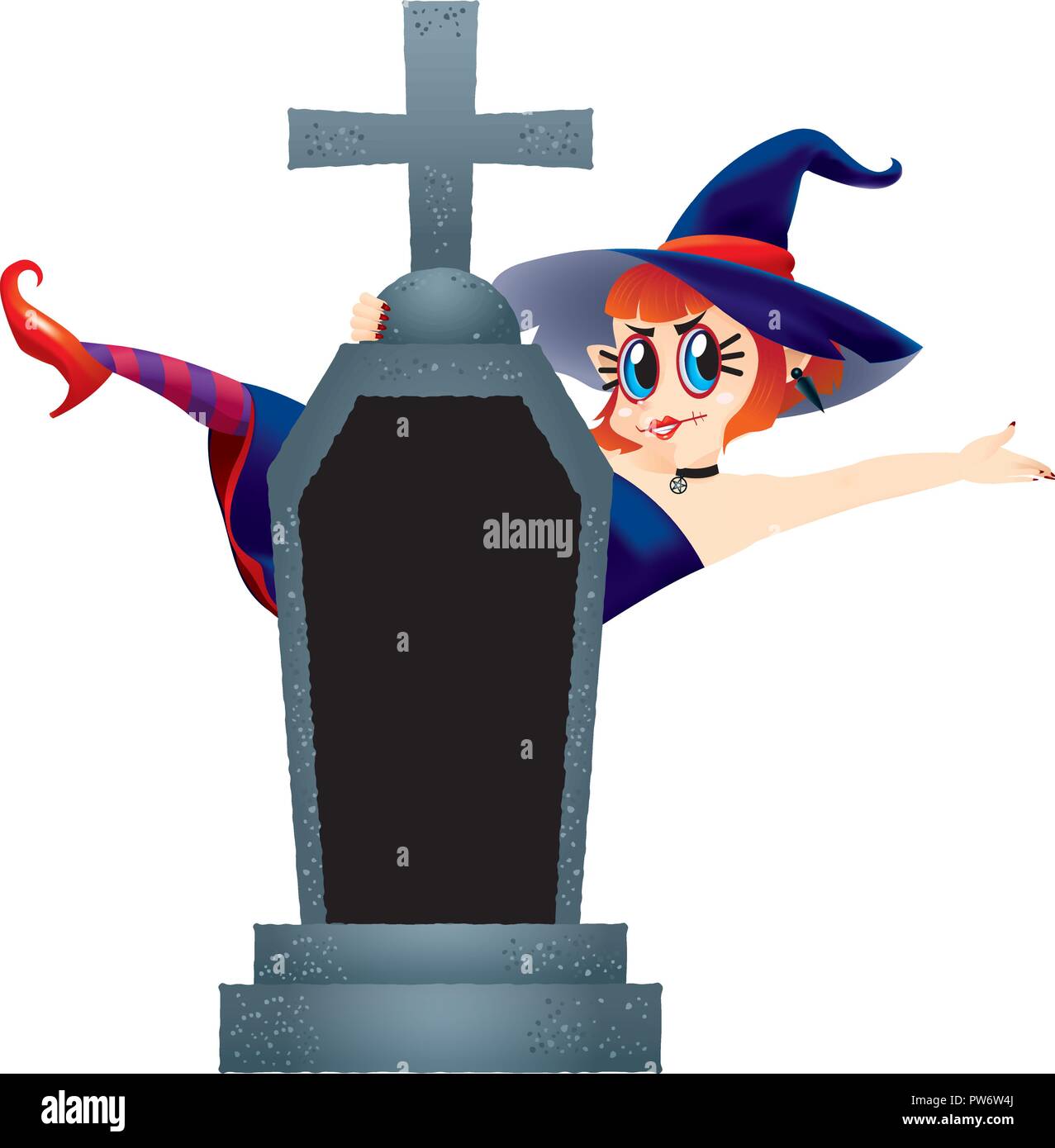 A cute witch stand behind a gravestone. Isolated Stock Vector Image ...