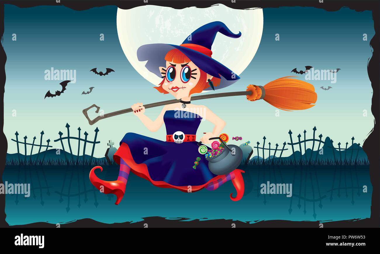A running cute witch, holding a bowl of candies and a magic broom in ...