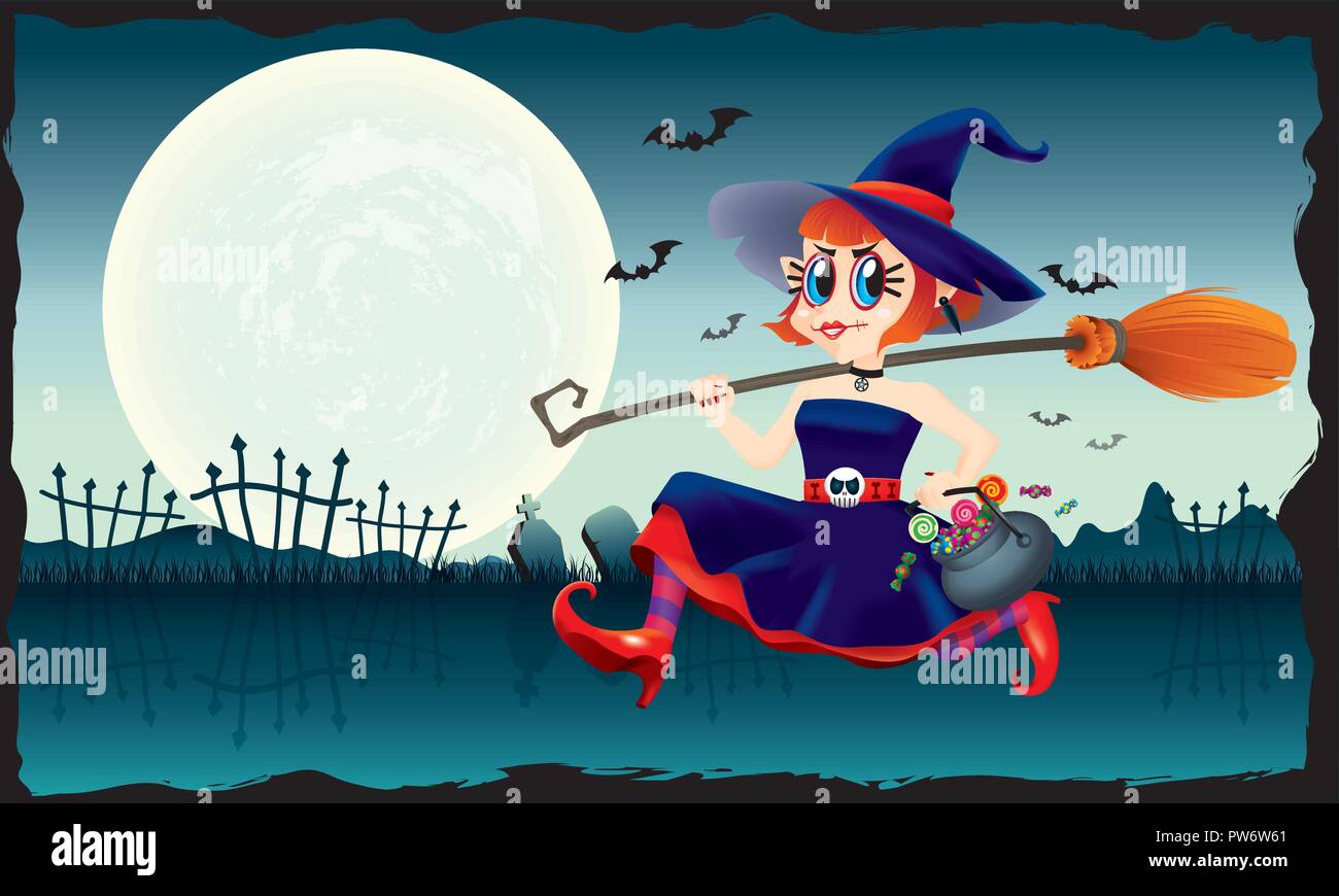 A running cute witch, holding a bowl of candies and a magic broom in ...