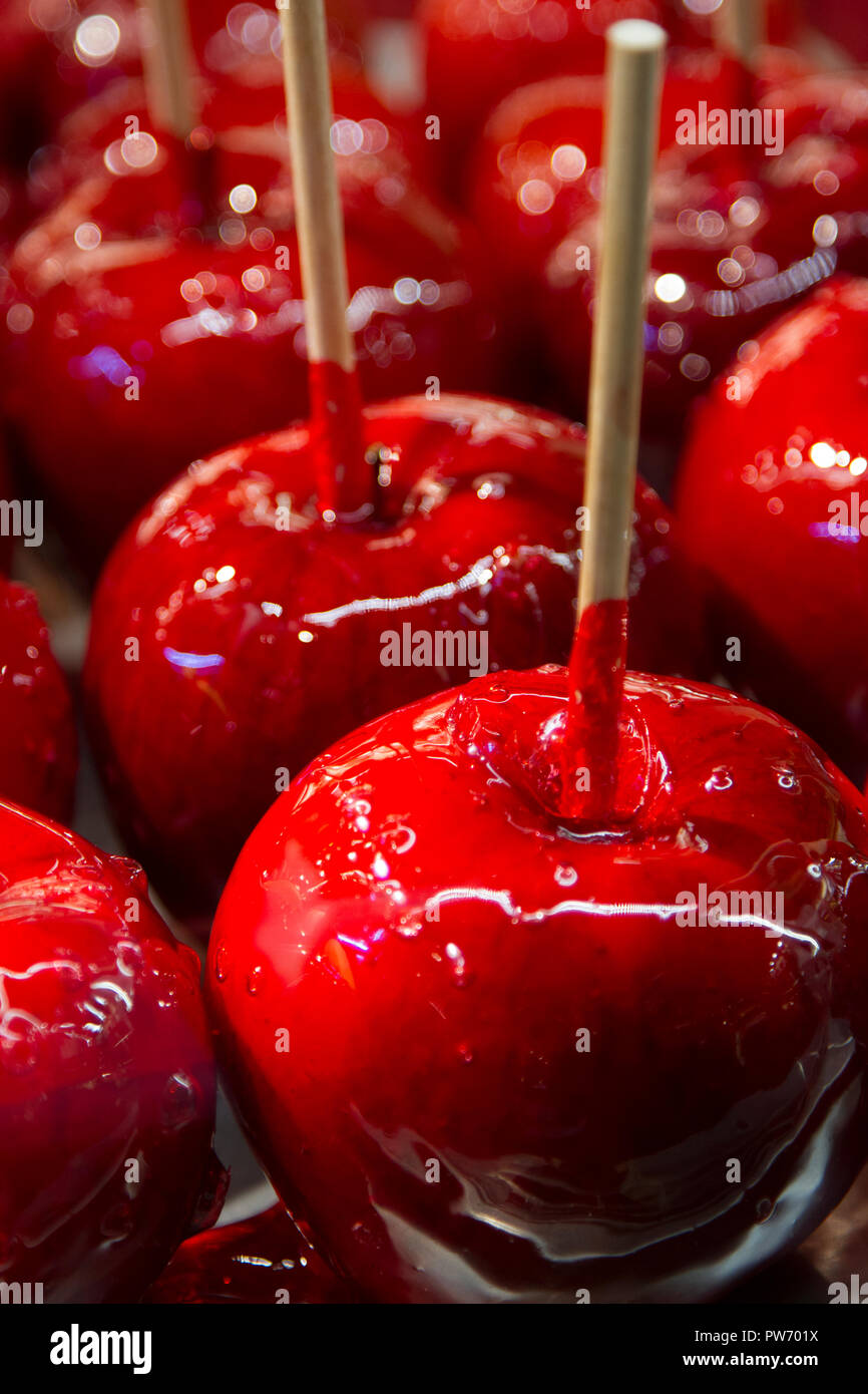 A row of fresh toffee apples for sale at a Christmas market in Berlin ...