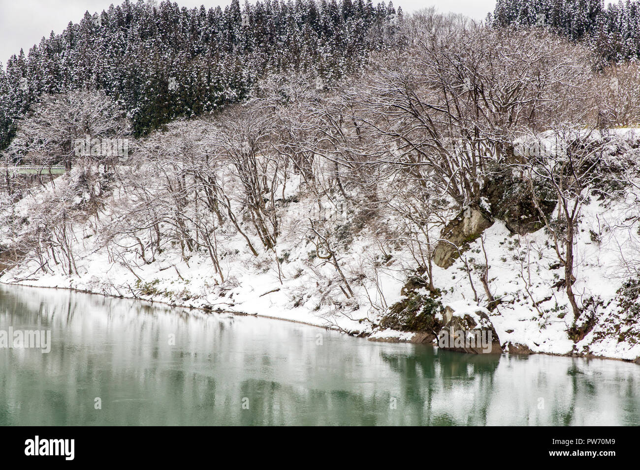 Train in Winter landscape snow on bridge Stock Photo - Alamy