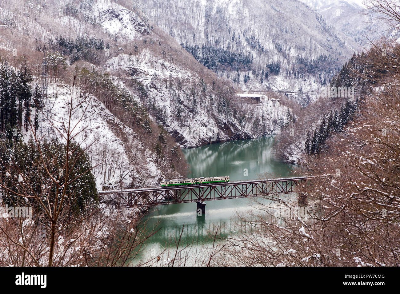 Train in Winter landscape snow on bridge Stock Photo - Alamy