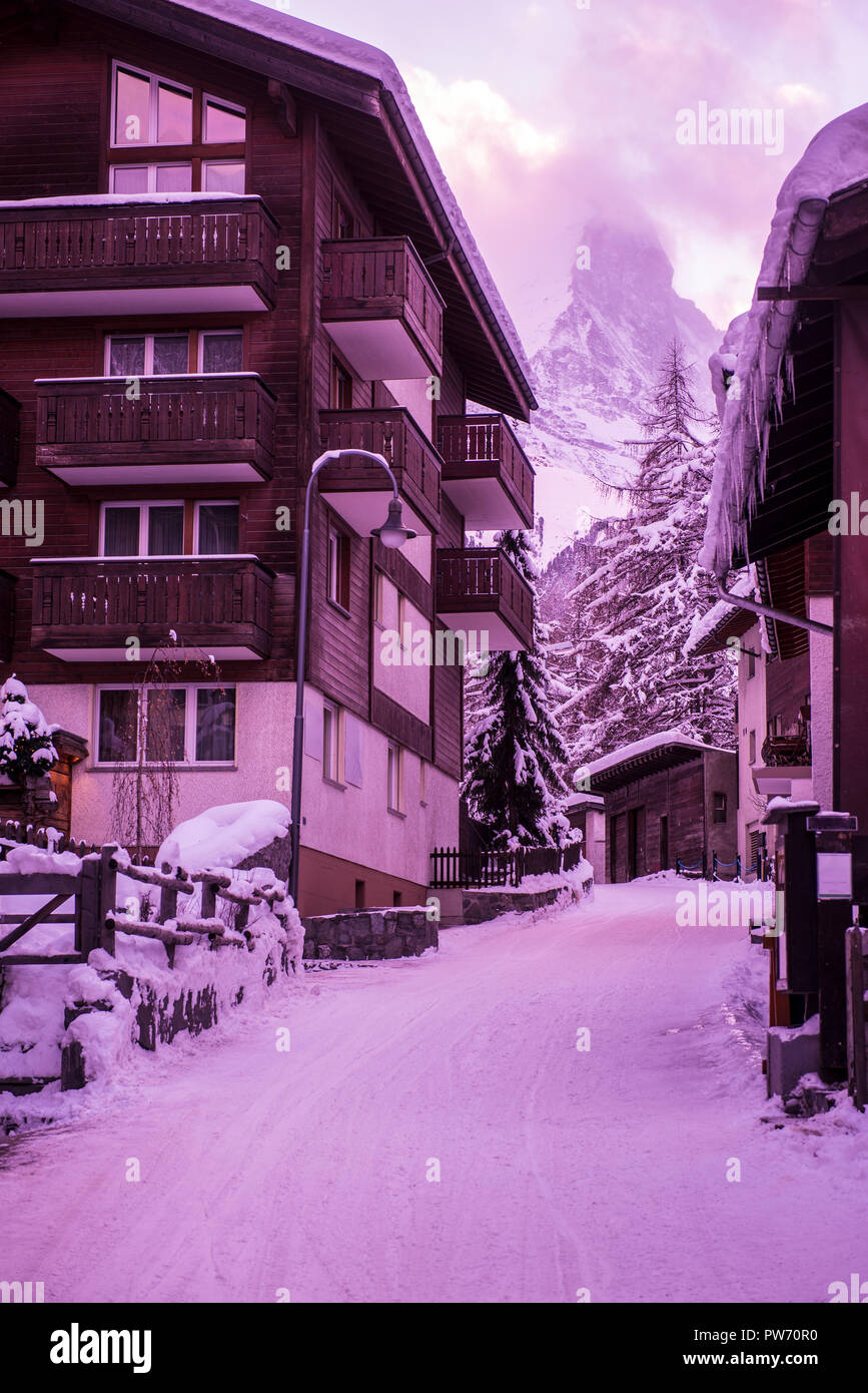 street view of old village with Matterhorn peak background in Zermatt ...