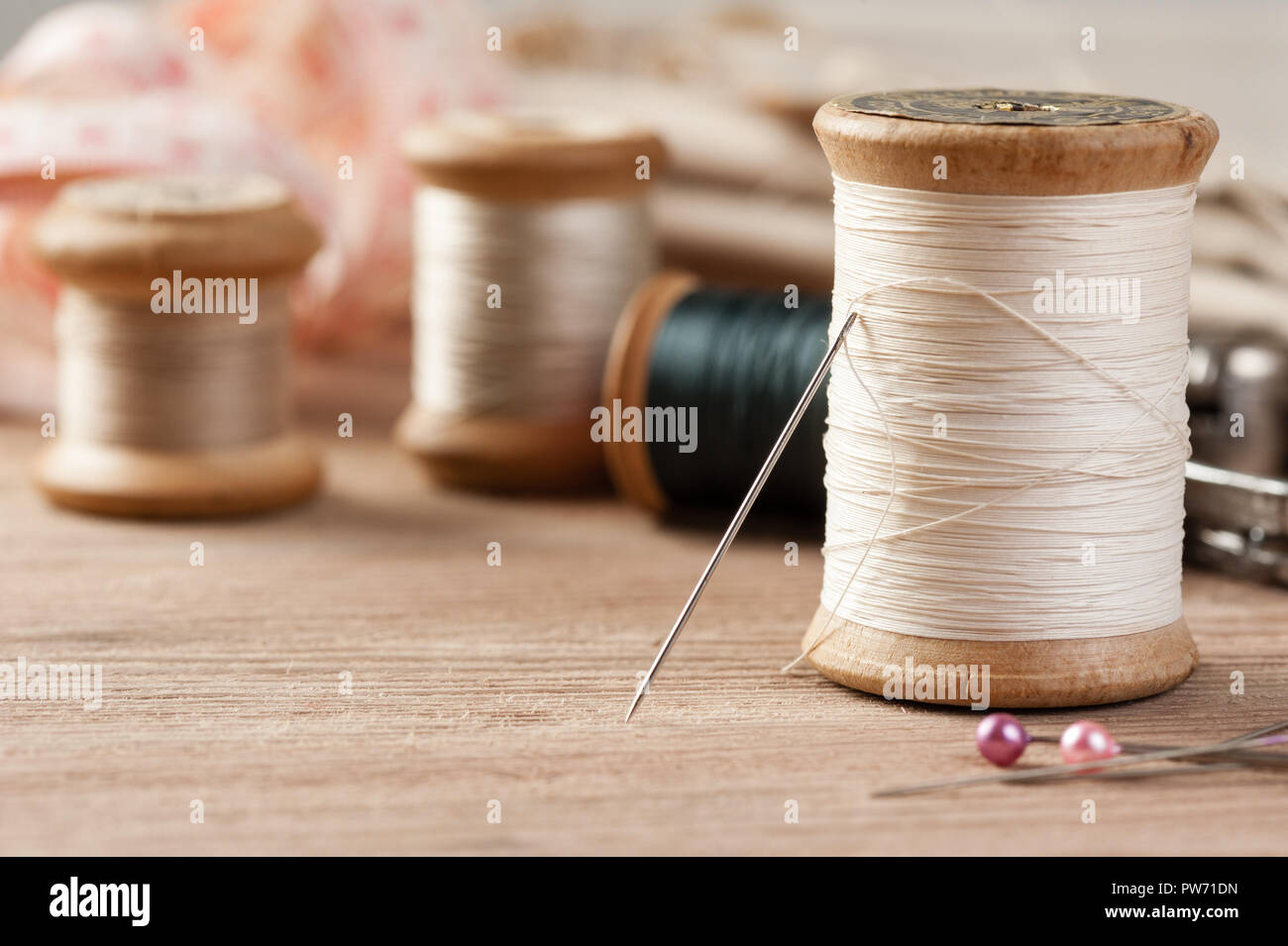 closeup thread for sewing and needlework, old reel of thread Stock ...