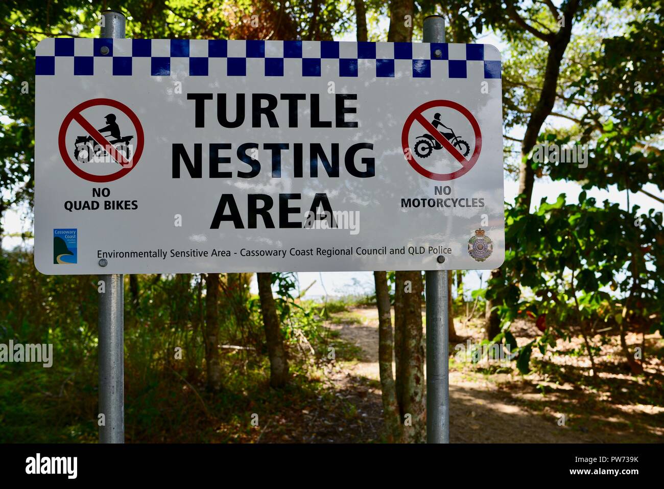 Turtle nesting area sign, Scenes from Flying fish point, QLD, Australia ...