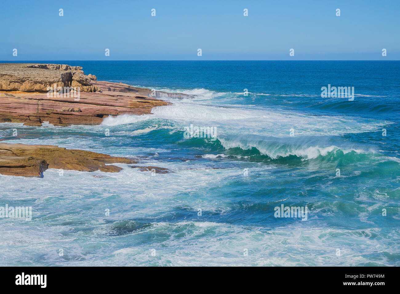 Rugged coastline battered by ocean swells at Talia Caves, near Elliston ...