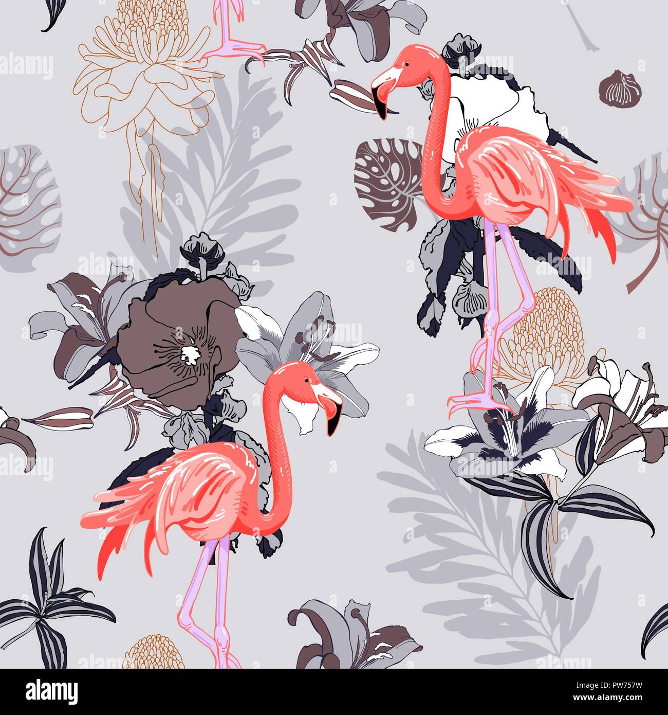 hand drawing seamless pattern with pink flamingo and tropical le Stock ...