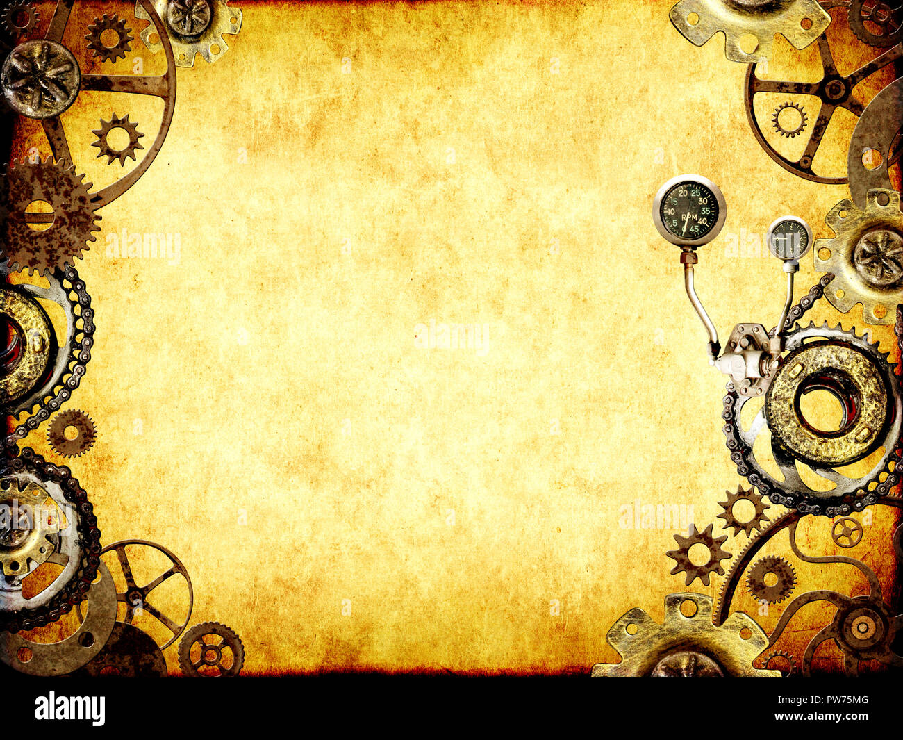 Grunge background with paper texture and metallic frame with vintage ...