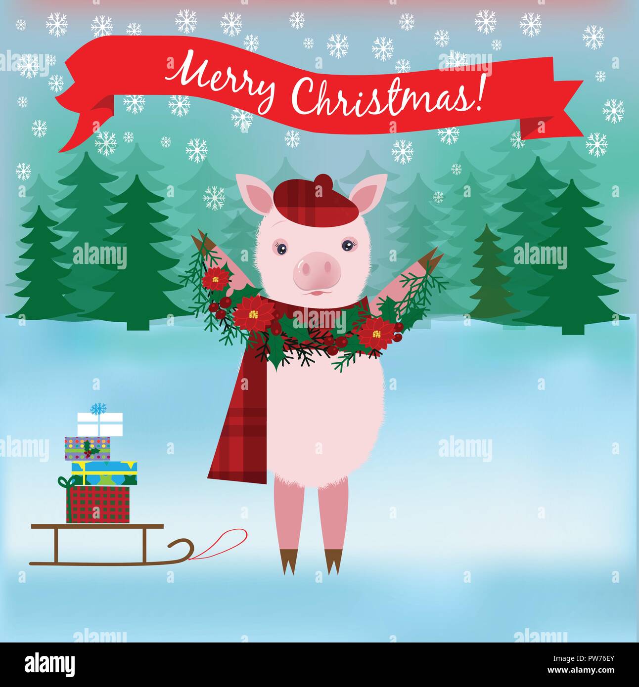 Cute pig in the winter forest with gifts. Christmas card with funny pig ...