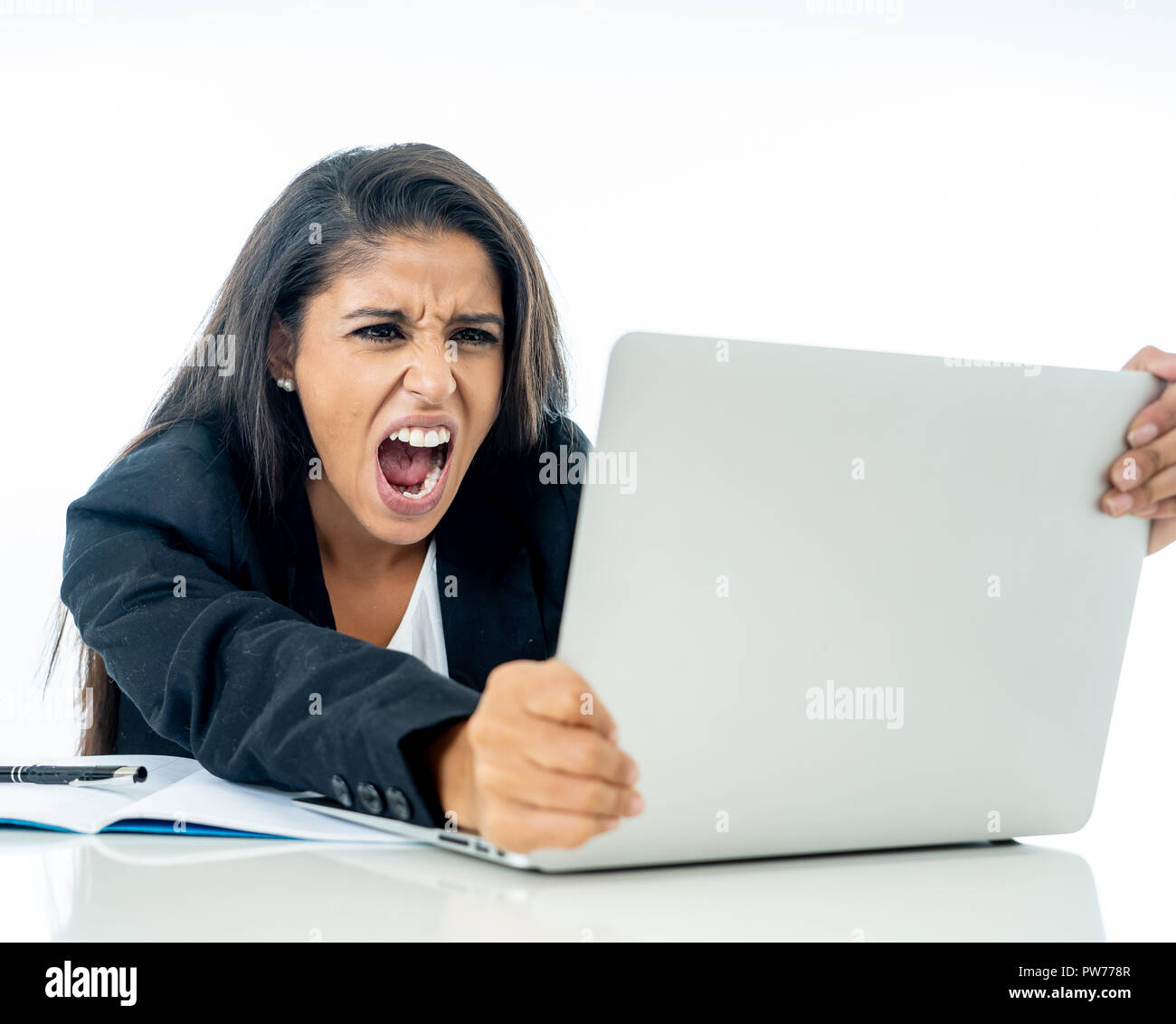 Angry furious stressed and overworked businesswoman yelling at her ...