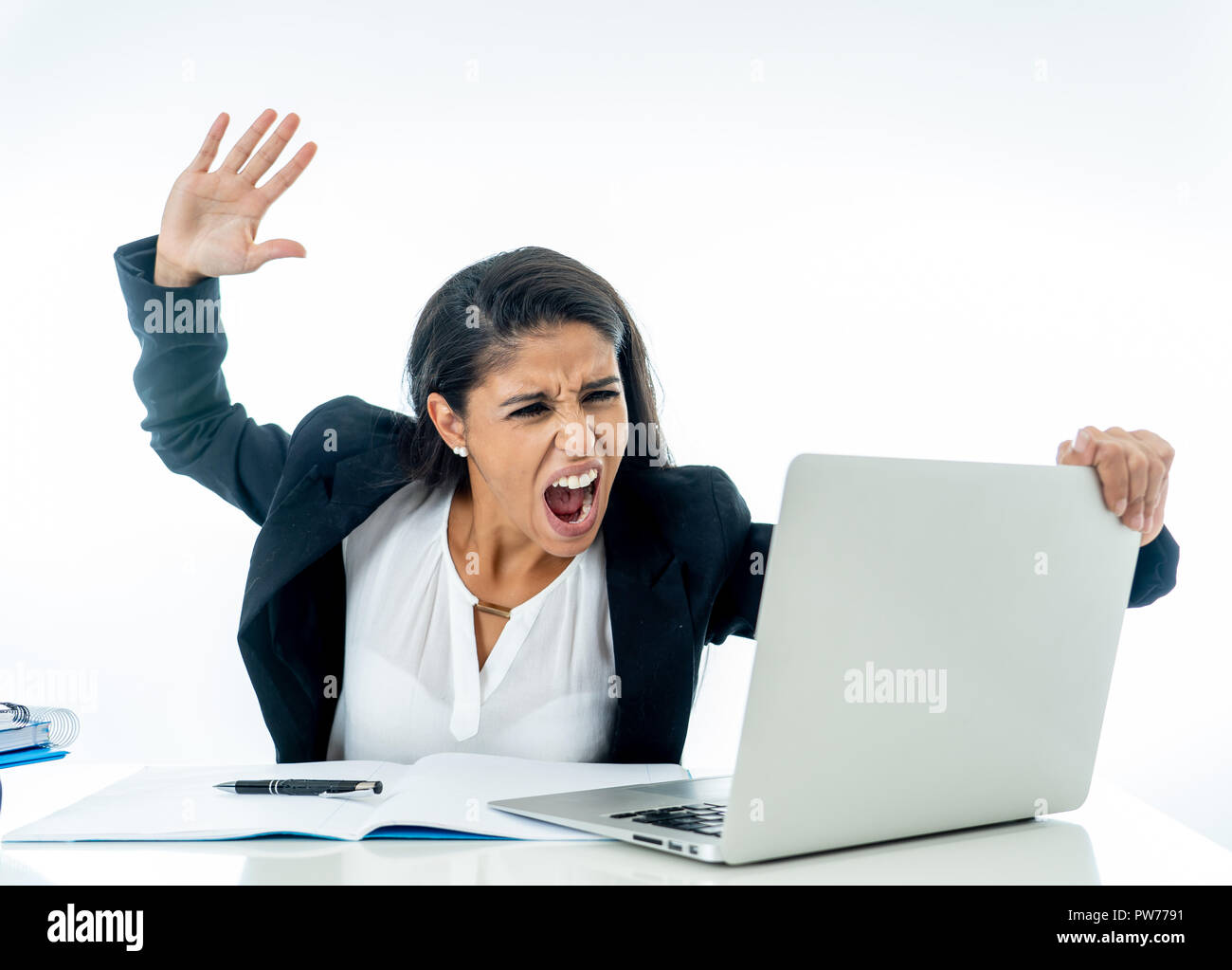 Angry furious stressed and overworked businesswoman yelling at her ...