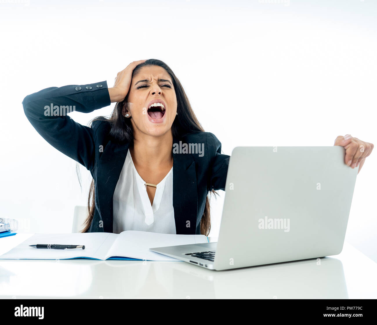 Overwhelmed desperate attractive businesswoman with too much work that ...