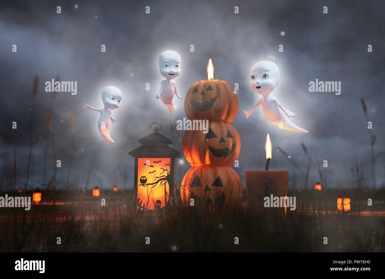 Little cartoon's ghosts spirit floating and enjoying halloween night,3d ...