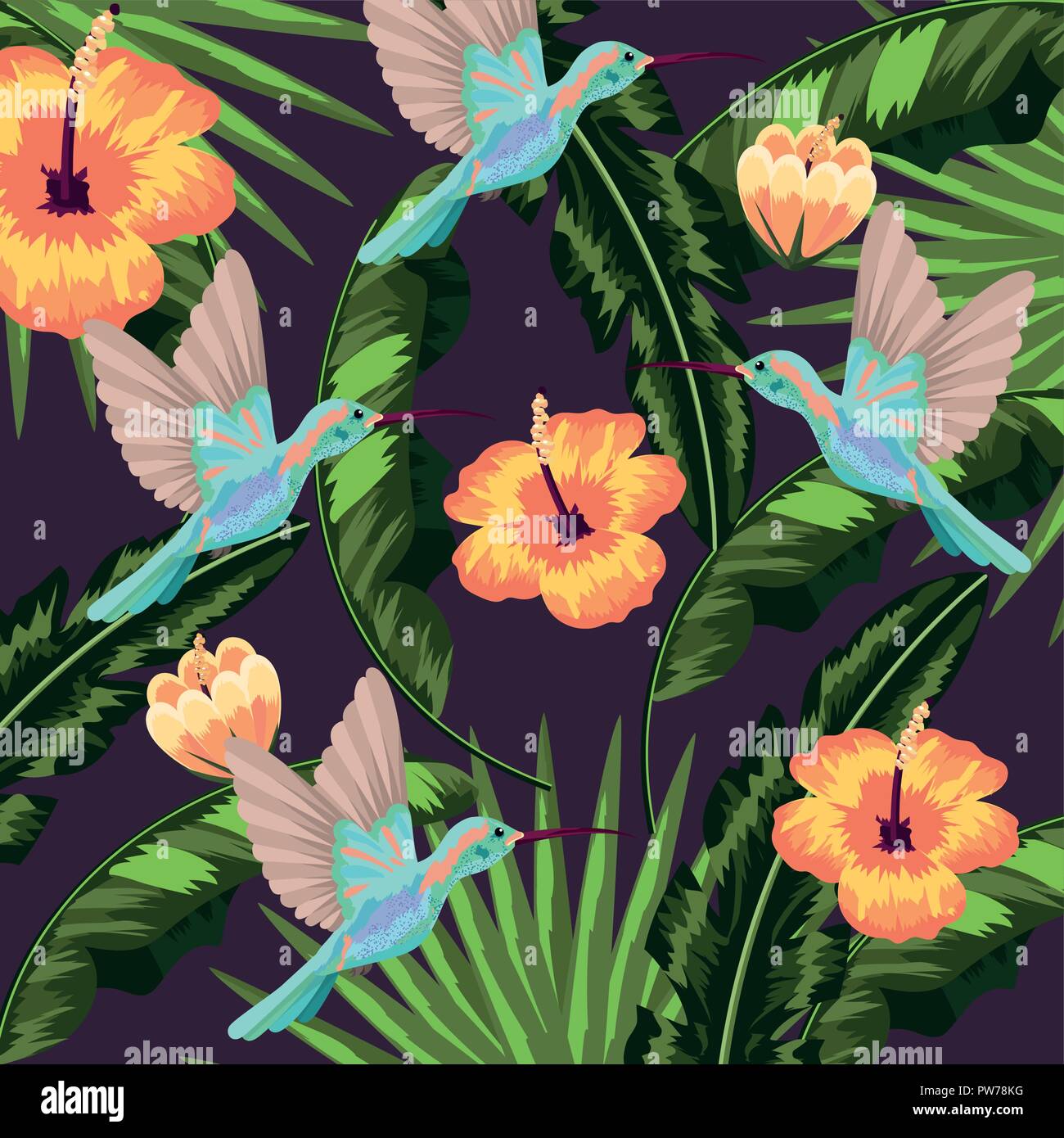 hummingbird with tropical leaves plants background Stock Vector Image ...