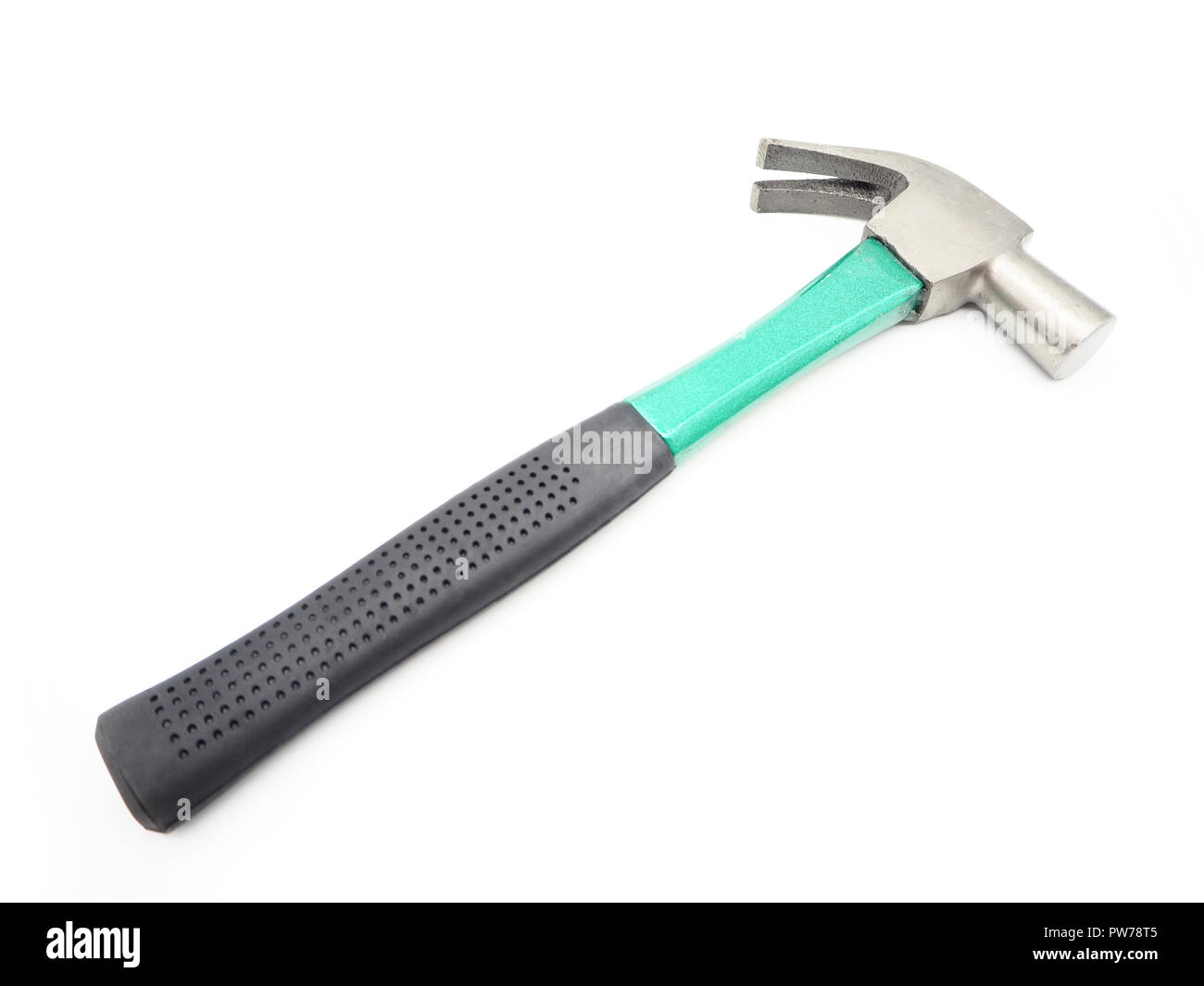 Green iron hammer with rubberized handle isolated on a white background ...