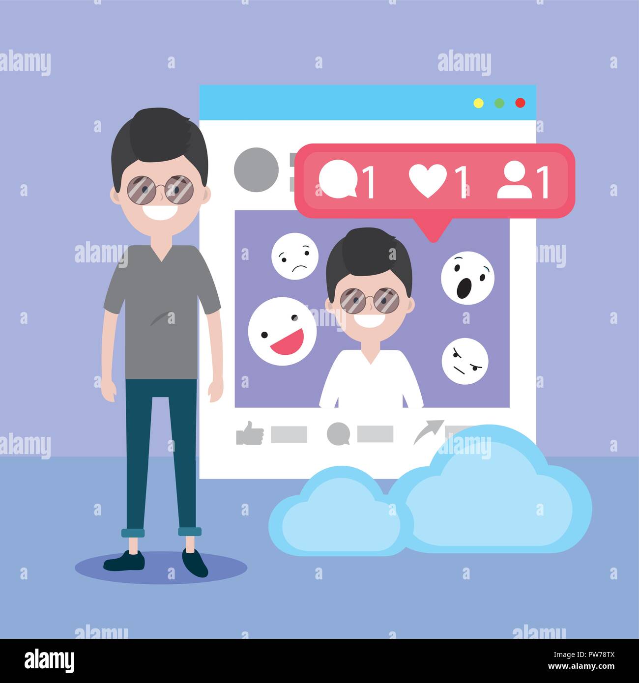 man with website information and chat emojis message Stock Vector Image ...