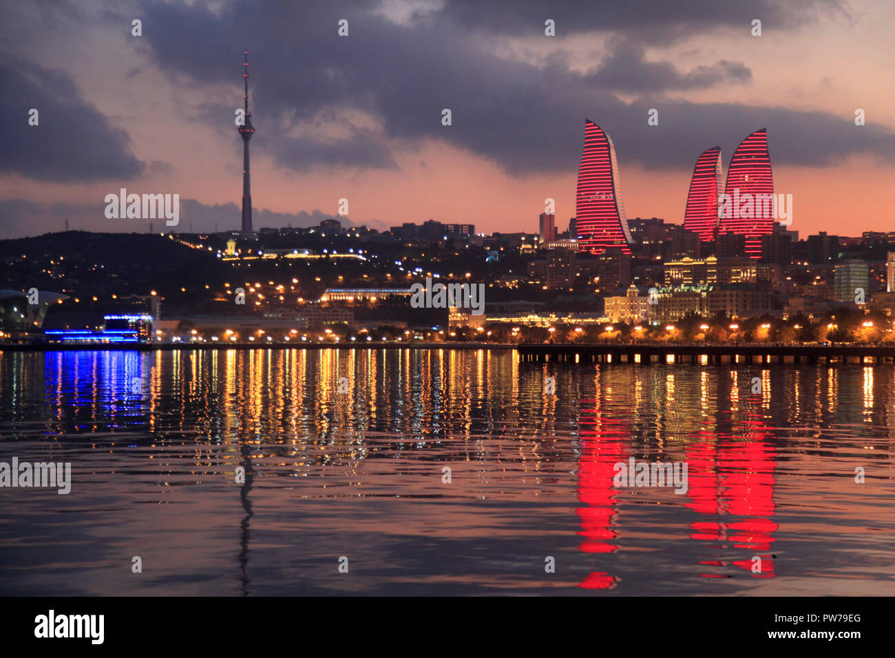 Azerbaijan, Baku, skyline, Flame Towers, Bulvar, seaside promenade ...