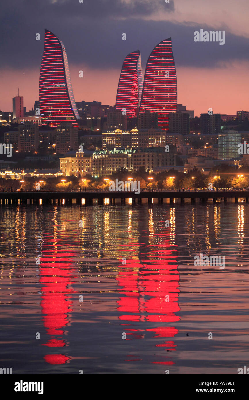Azerbaijan, Baku, skyline, Flame Towers, Bulvar, seaside promenade ...