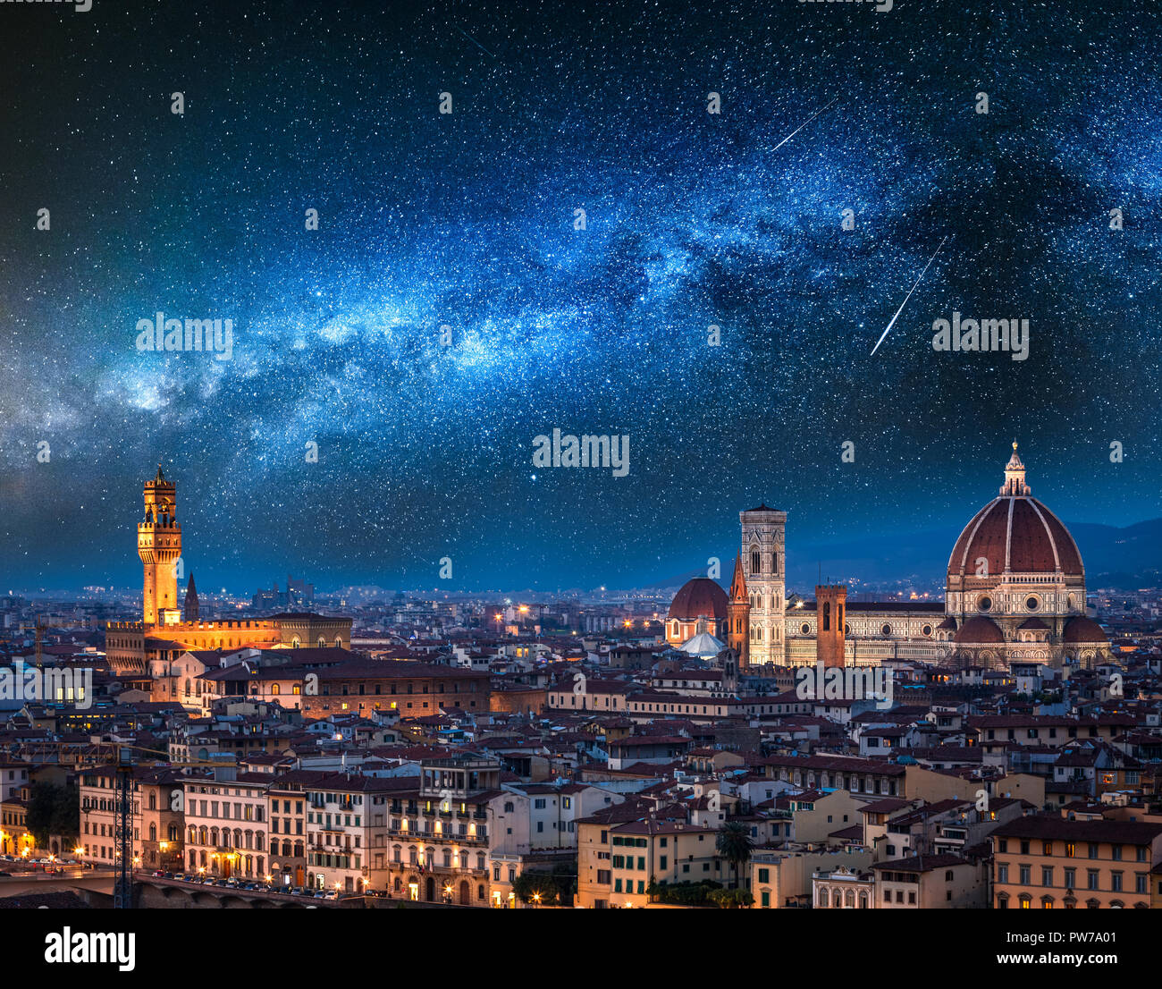 Milky way and falling stars over Florence at night, Italy Stock Photo ...