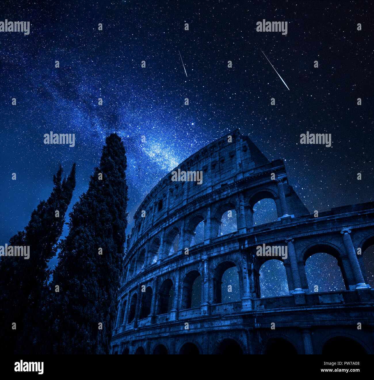 Colosseum in Rome with milky way and falling stars, Italy Stock Photo ...