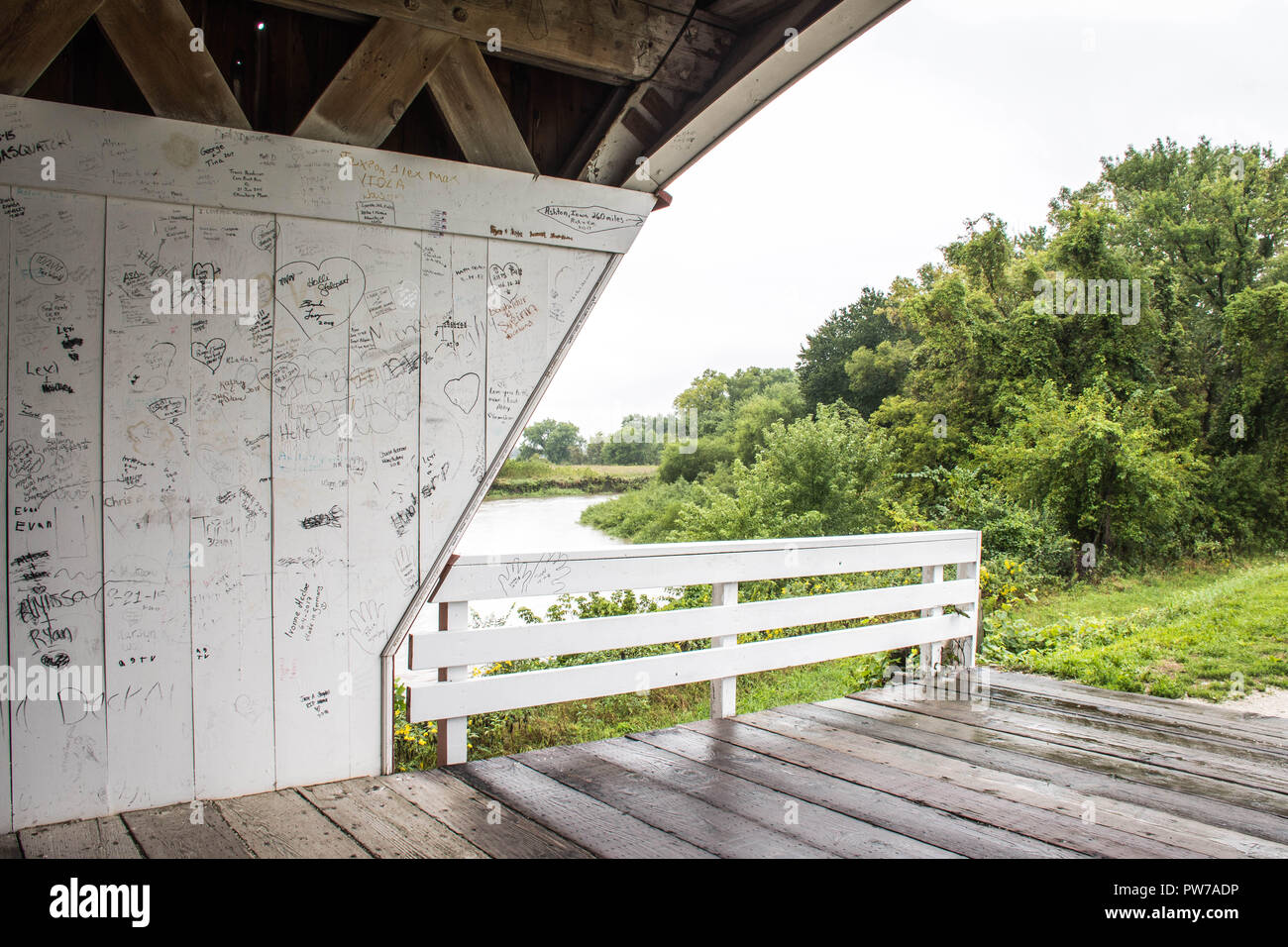 The interior latticework of the historic Holliwell covered bridge ...