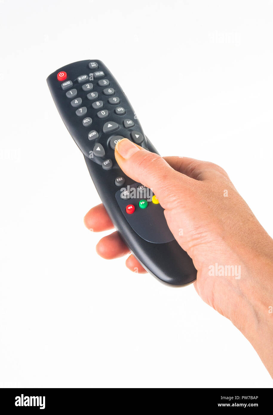 hand holding a remote control on white background Stock Photo - Alamy