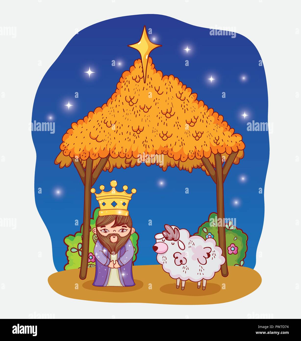 king wearing crown with sheep and manger with stars Stock Vector Image ...