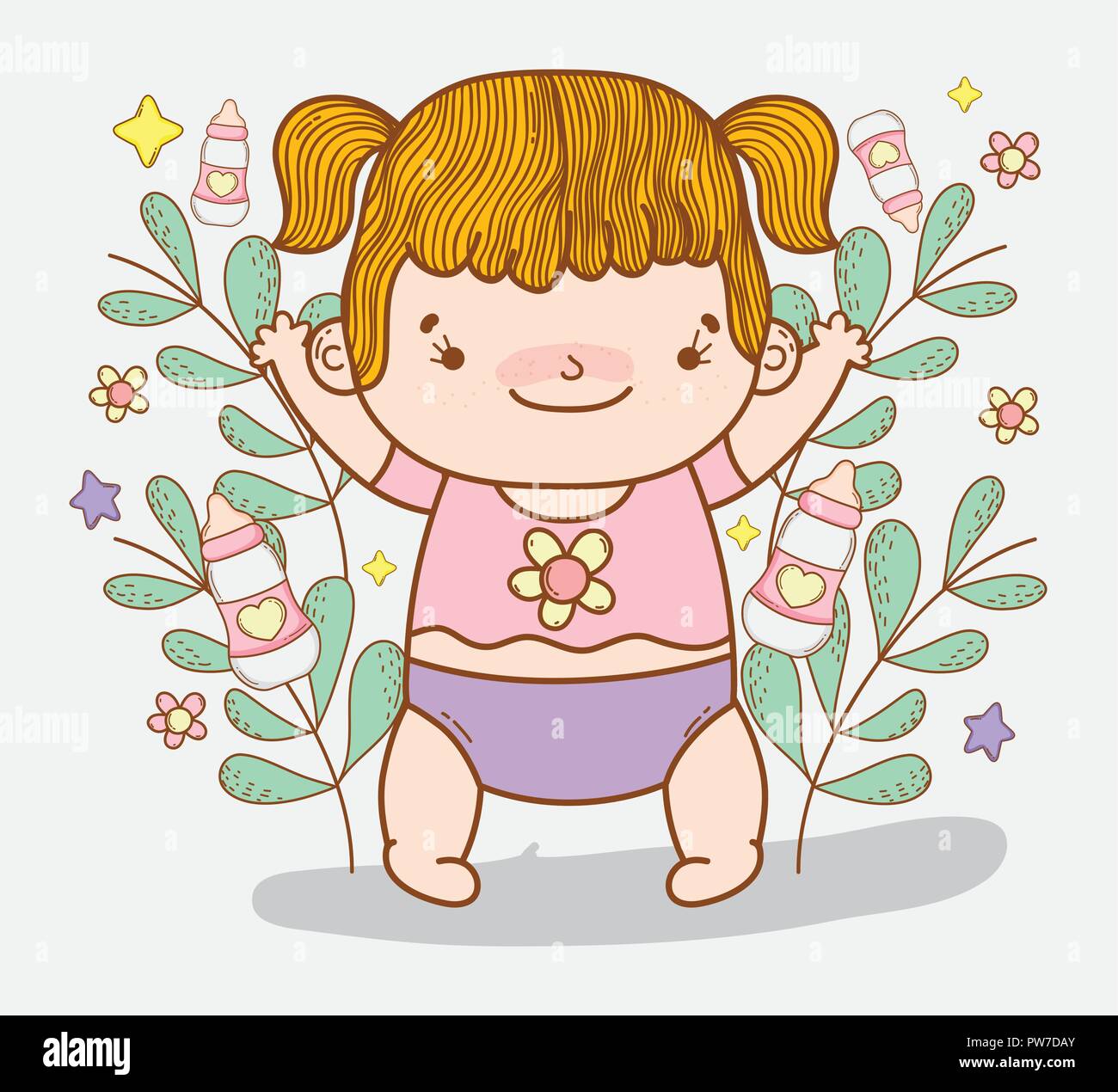 cute baby girl with branches leaves and flowers Stock Vector Image ...