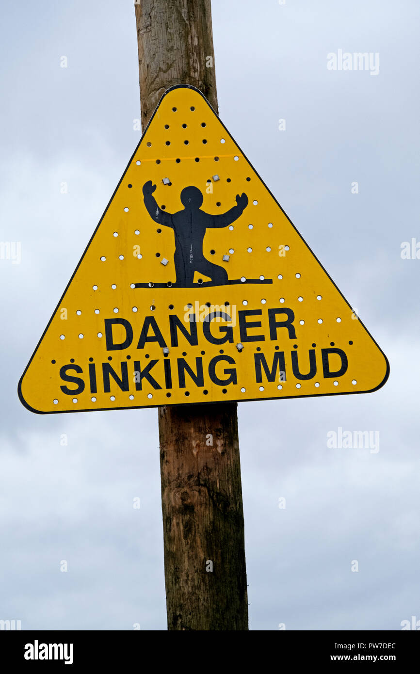 A sign warning of dangerous soft mud on the beach in Weston-super-Mare ...