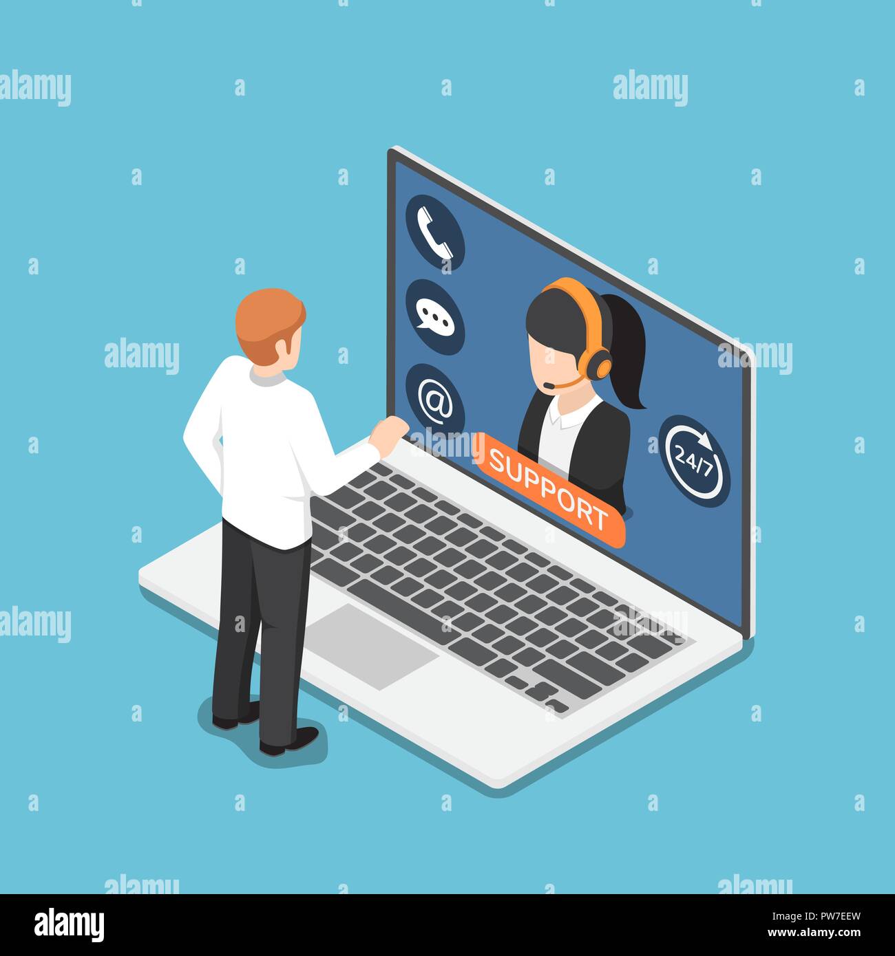 Flat 3d isometric businessman standing in front of laptop with online ...