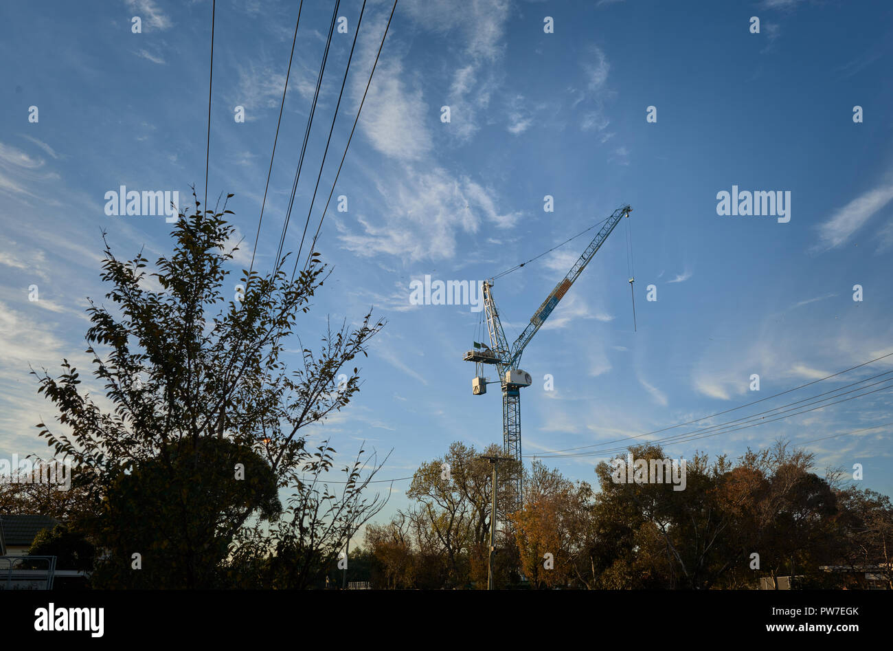 Construction crane towering over power lines and the skyline of a ...