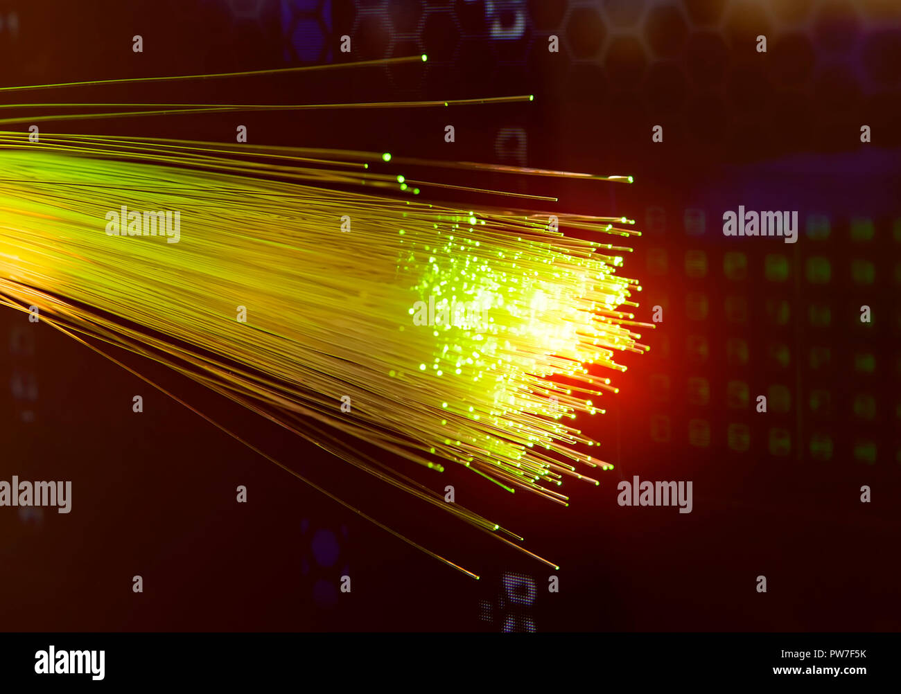 optical fibres dinamic flying from deep on technology background Stock ...