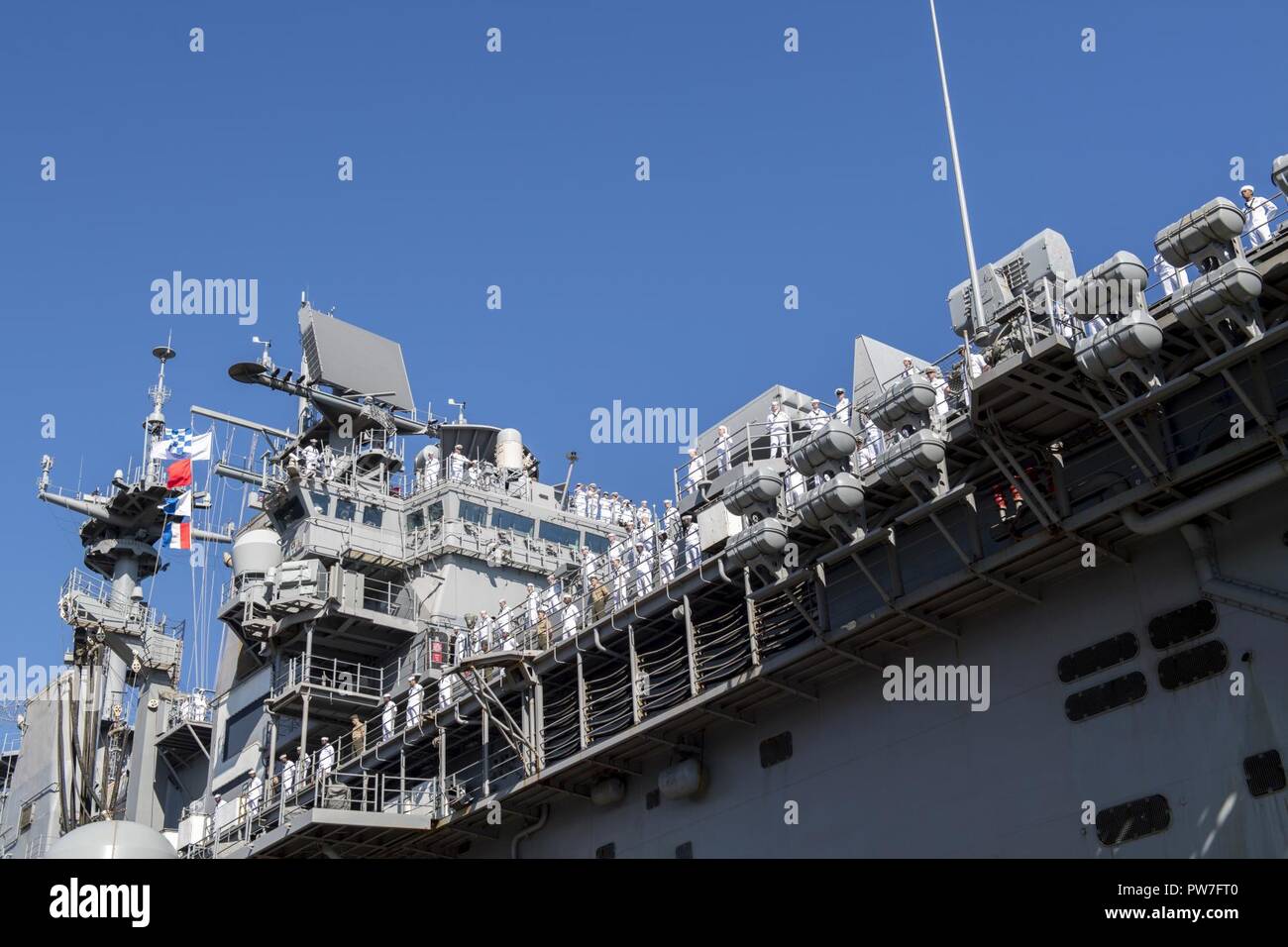 NORFOLK, Va. (Sep 23, 2017) Sailors and Marines man the rails aboard ...