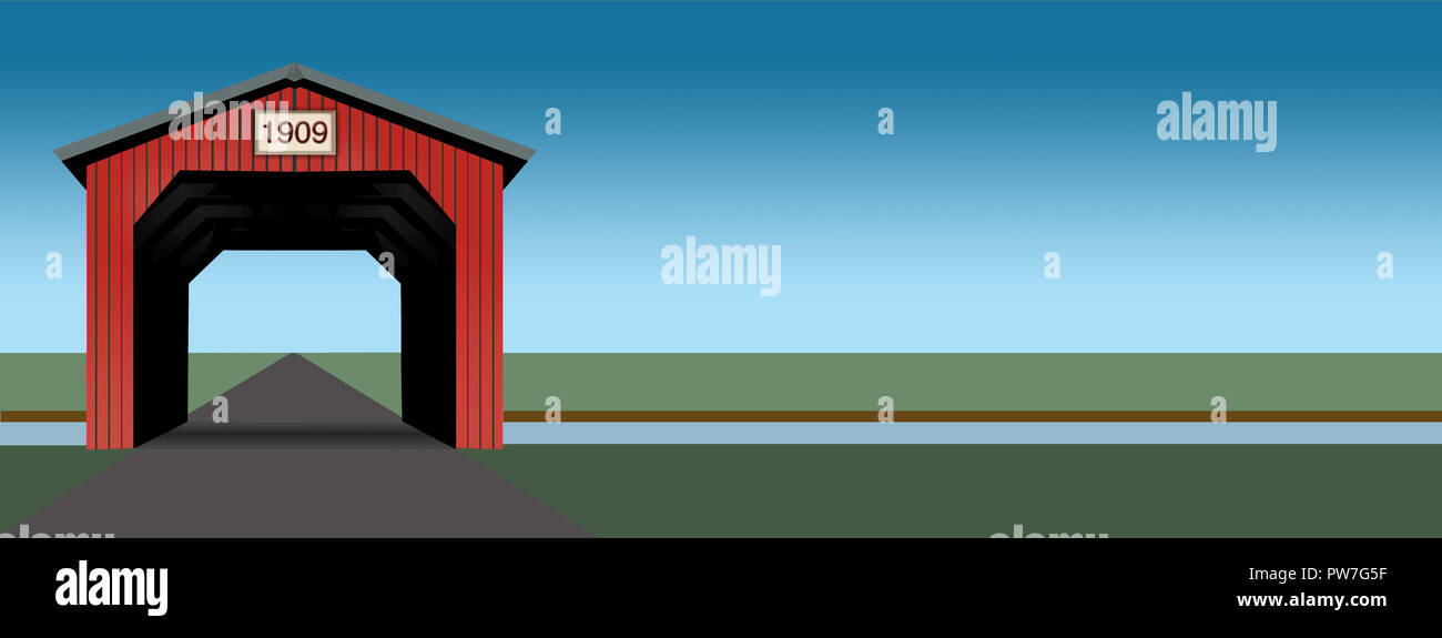 A bright red covered bridge is seen in an illustration that has clean ...