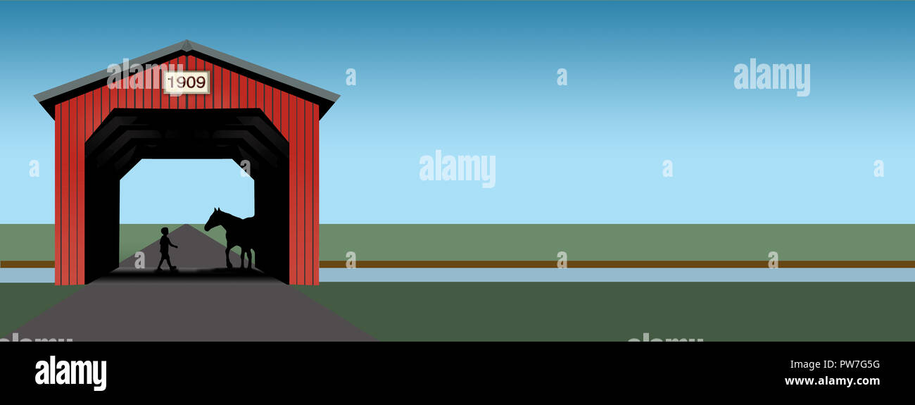 A bright red covered bridge is seen in an illustration that has clean ...