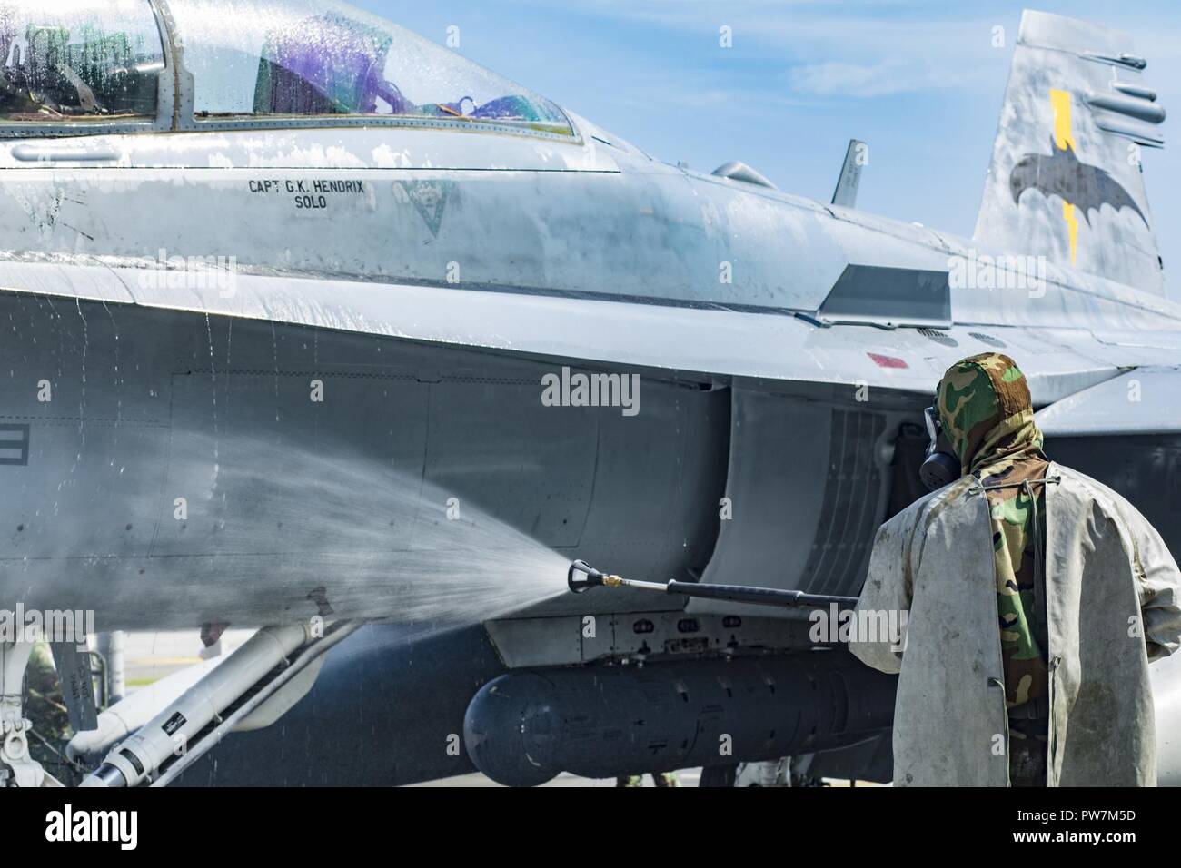 A U.S. Marine with Marine Aircraft Group (MAG) 12 Chemical Biological ...