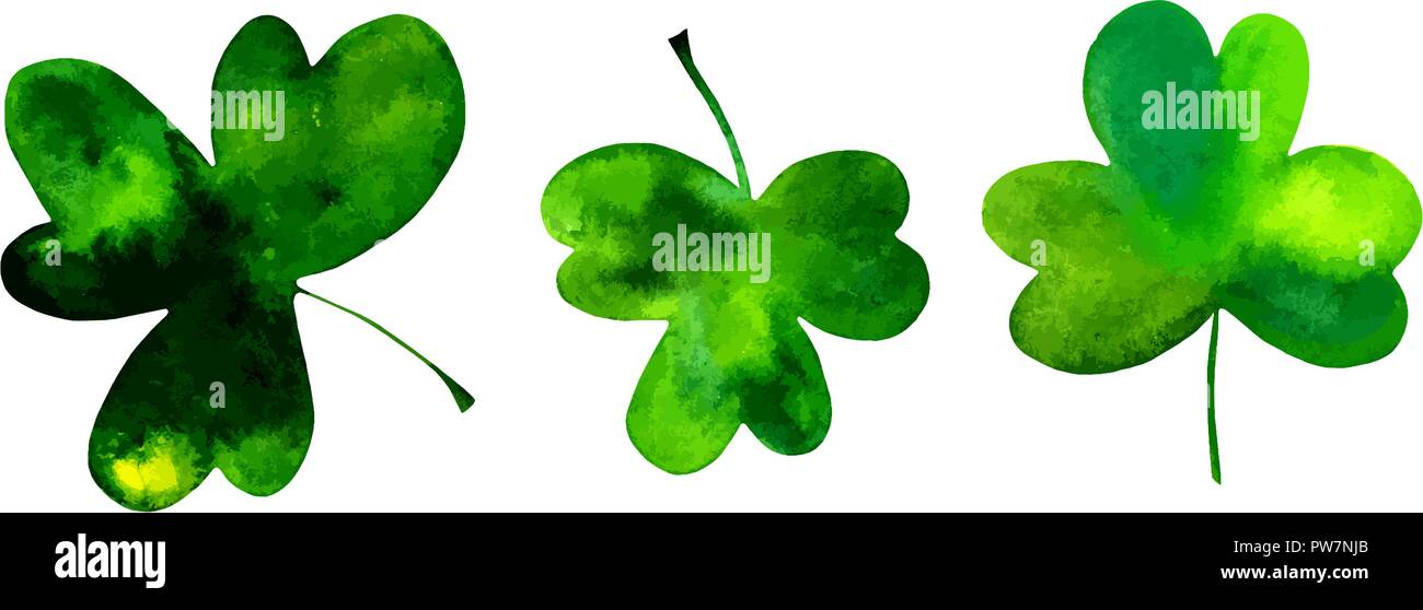 A vector set of three shamrocks, Irish clovers, hand drawn in ...