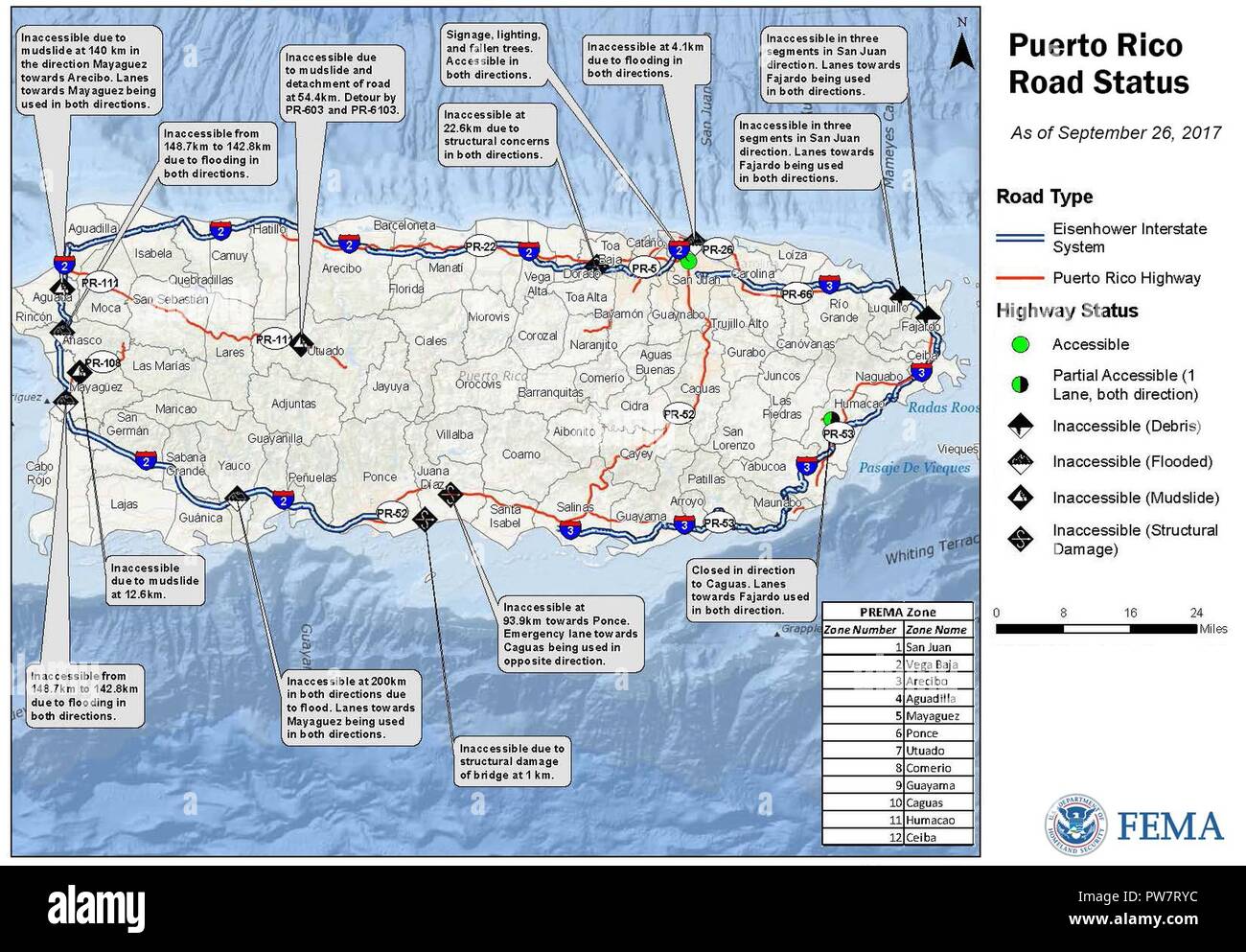 A map showing the status of roads in Puerto Rico as of September 28 ...