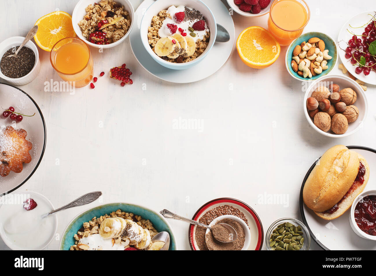 Breakfast table. Healthy breakfast ingredients. Top view with copy ...