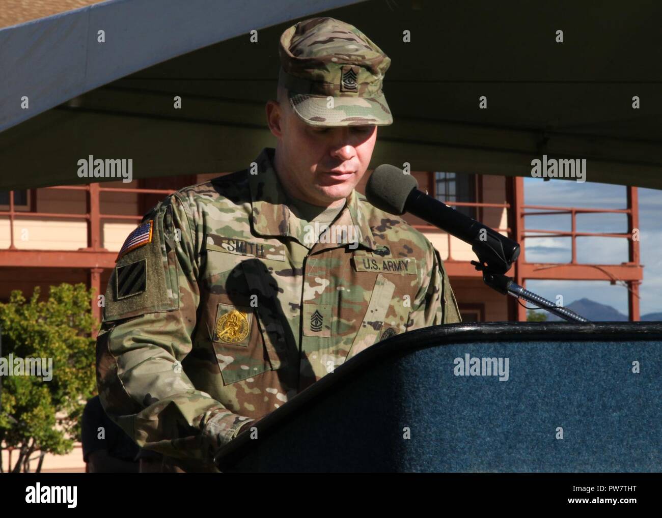 The incoming HHC, USAICoE First Sergeant, First Sgt. Shaun Smith, makes ...