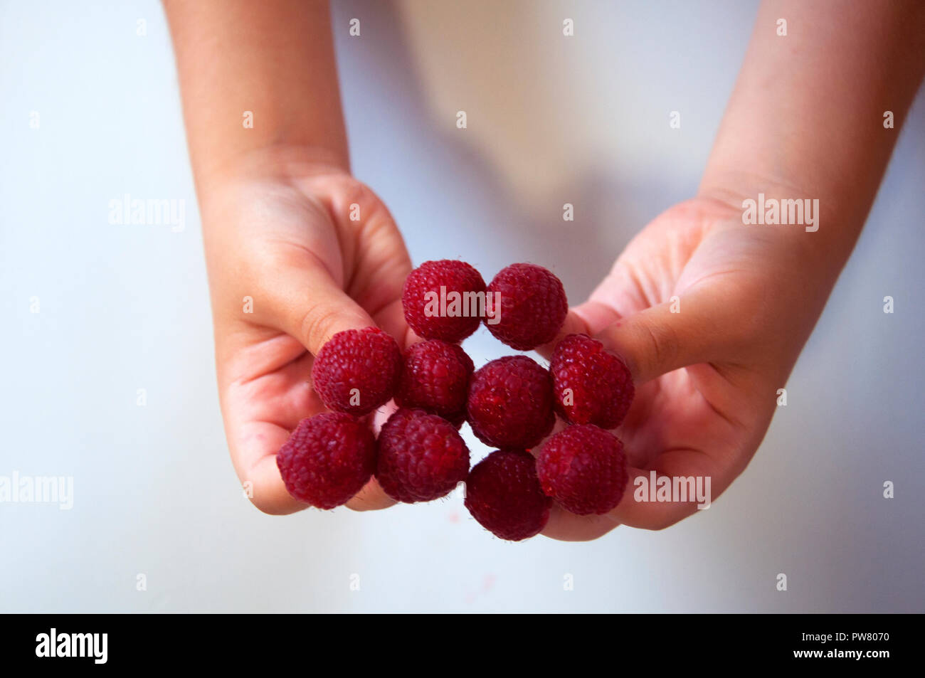 Raspberries on the fingers of a child, isolated Stock Photo - Alamy