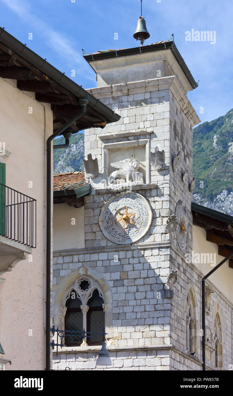 Corner tower of the historic town hall in the main square of Venzone ...