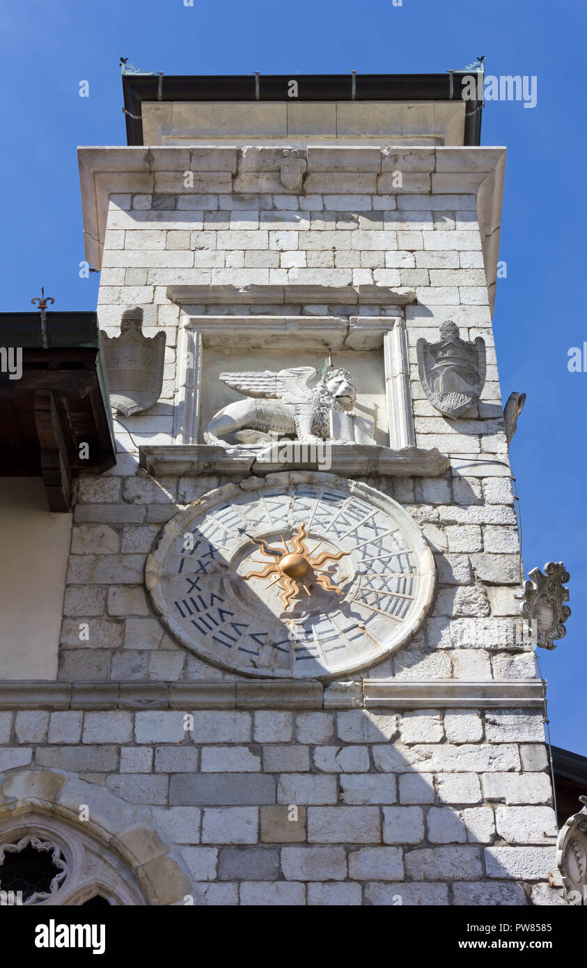 Corner tower of the historic town hall in Venzone, Italy Stock Photo ...