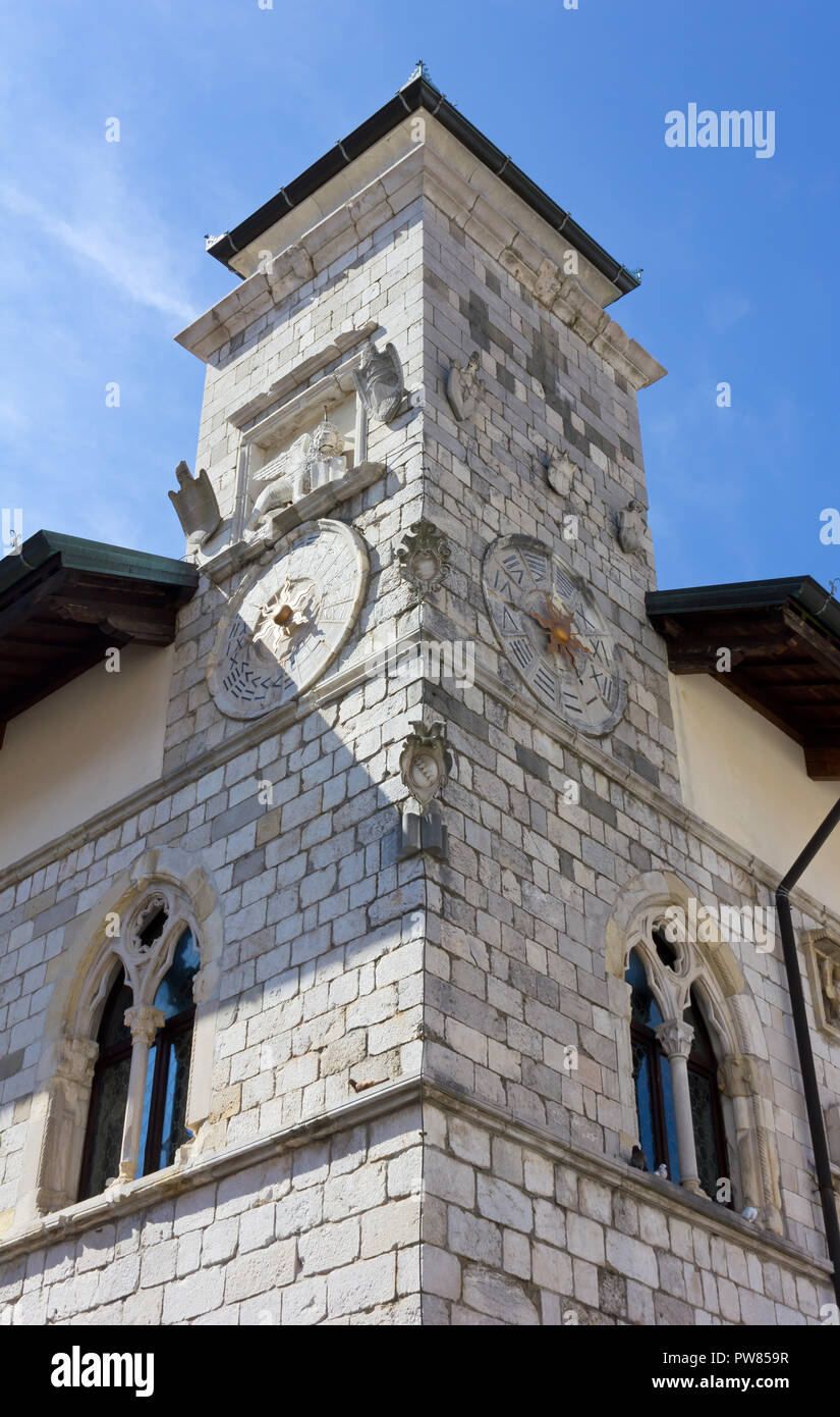 Corner tower of the historic town hall in Venzone, Italy Stock Photo ...