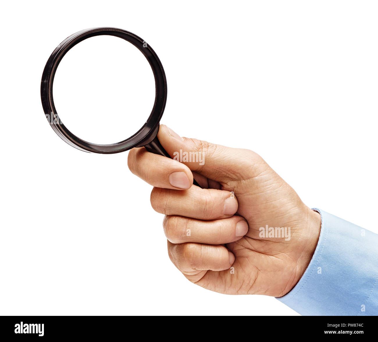 Man's hand in shirt holding magnifying glass isolated on white ...